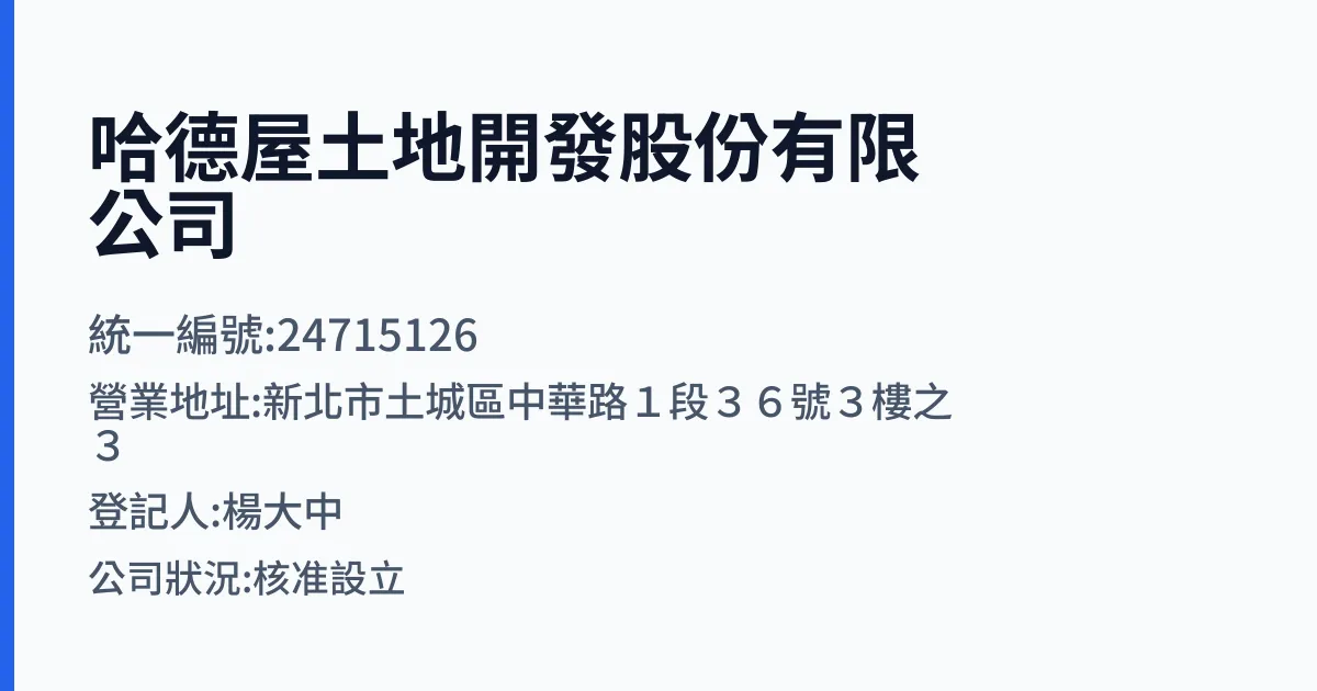 哈德屋土地開發股份有限公司 - 統編 24715126(新北市) 公司登記資料與營業項目詳細圖表