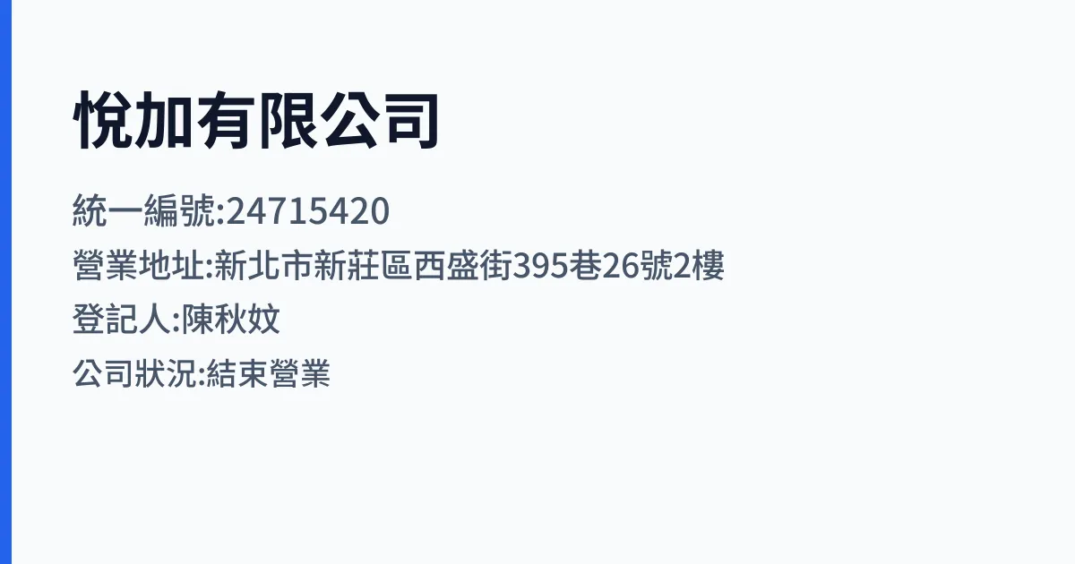 悅加有限公司 - 統編 24715420(新北市) 公司登記資料與營業項目詳細圖表