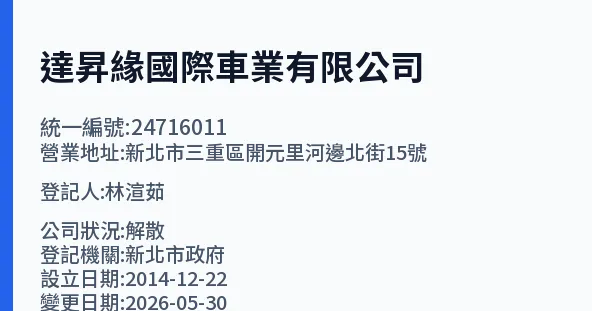 達昇緣國際車業有限公司的照片-統編 24716011(新北市) 公司登記資料與營業項目詳細圖表