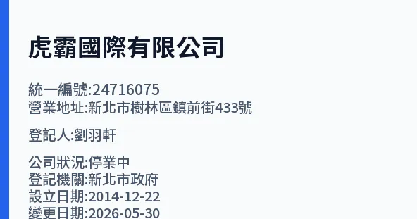 虎霸國際有限公司的照片-統編 24716075(新北市) 公司登記資料與營業項目詳細圖表