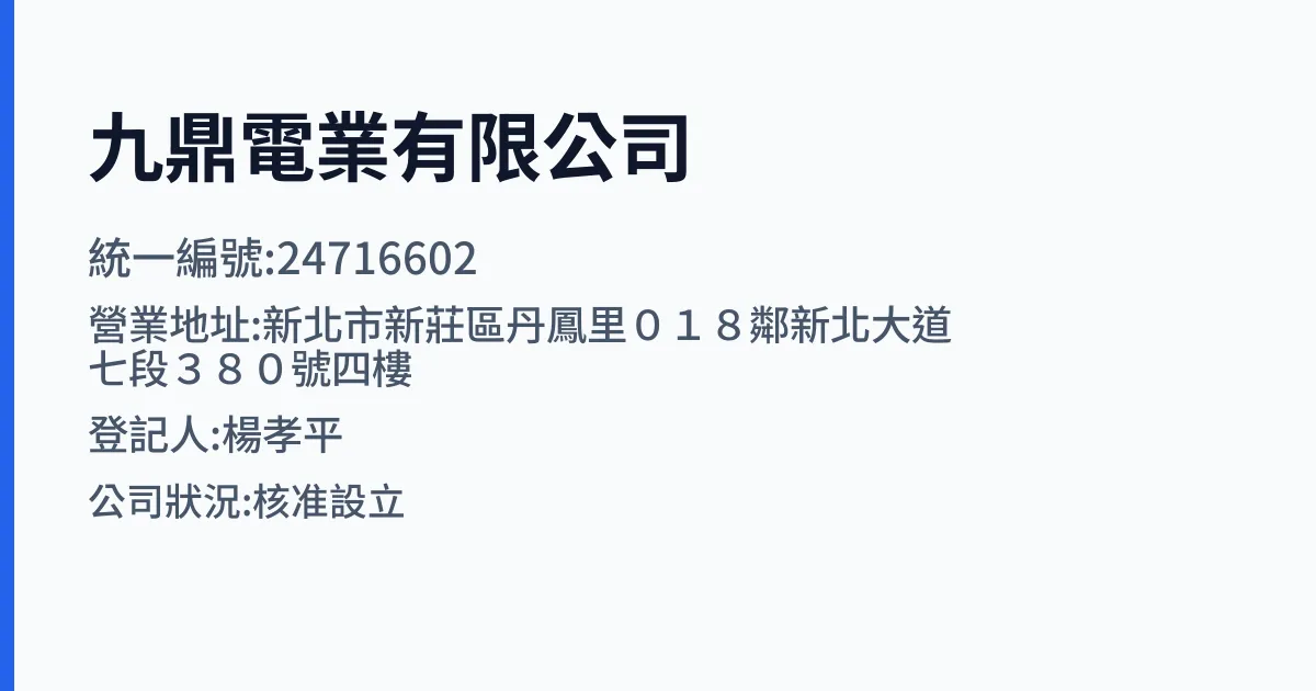 九鼎電業有限公司 - 統編 24716602(新北市) 公司登記資料與營業項目詳細圖表