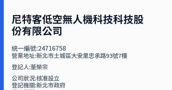 尼特客低空無人機科技科技股份有限公司的照片-統編 24716758(新北市) 公司登記資料與營業項目詳細圖表