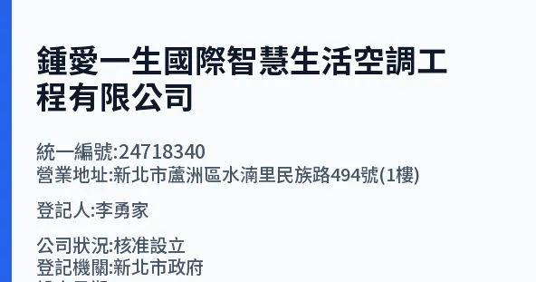 鍾愛一生國際智慧生活空調工程有限公司的照片-統編 24718340(新北市) 公司登記資料與營業項目詳細圖表