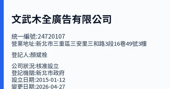 文武木全廣告有限公司的照片-統編 24720107(新北市) 公司登記資料與營業項目詳細圖表