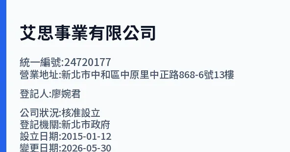 艾思事業有限公司的照片-統編 24720177(新北市) 公司登記資料與營業項目詳細圖表