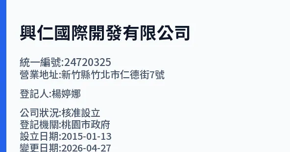 興仁國際開發有限公司的照片-統編 24720325(新竹縣) 公司登記資料與營業項目詳細圖表