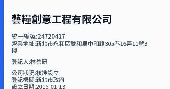 藝糧創意工程有限公司的照片-統編 24720417(新北市) 公司登記資料與營業項目詳細圖表