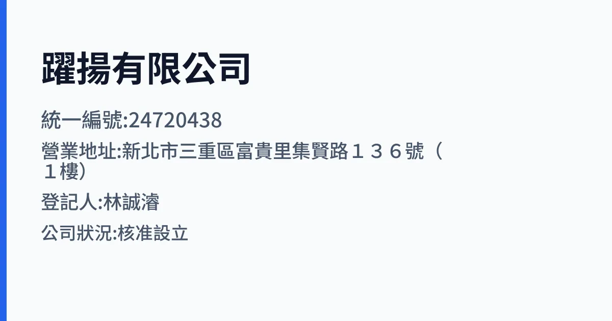 躍揚有限公司 - 統編 24720438(新北市) 公司登記資料與營業項目詳細圖表