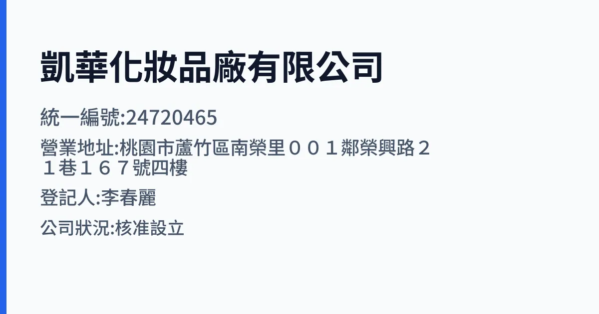 凱華化妝品廠有限公司 - 統編 24720465(桃園市) 公司登記資料與營業項目詳細圖表