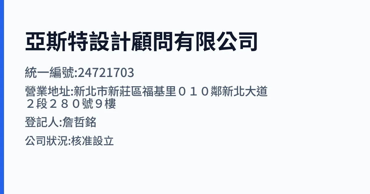 亞斯特設計顧問有限公司 - 統編 24721703(新北市) 公司登記資料與營業項目詳細圖表