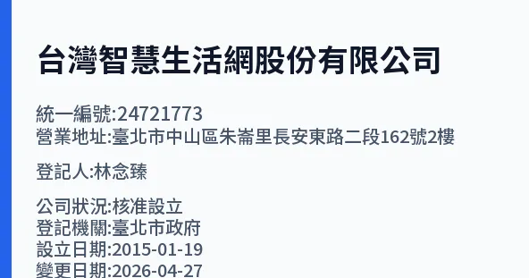 台灣智慧生活網股份有限公司的照片-統編 24721773(臺北市) 公司登記資料與營業項目詳細圖表
