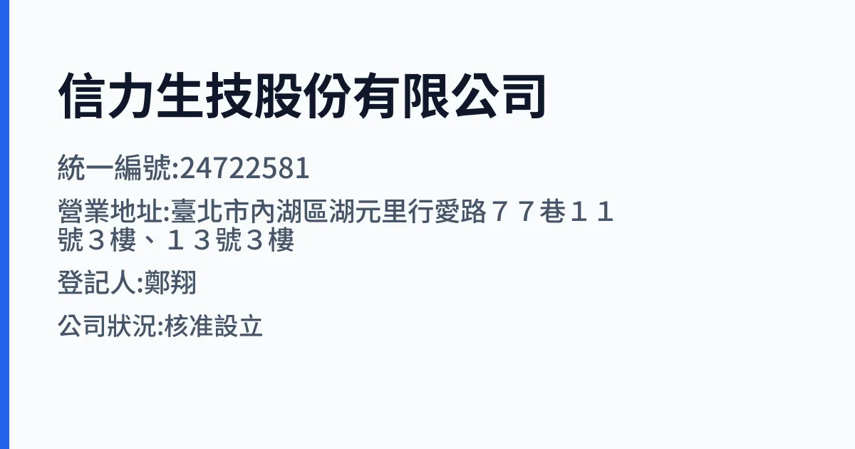 信力生技股份有限公司 - 統編 24722581(臺北市) 公司登記資料與營業項目詳細圖表