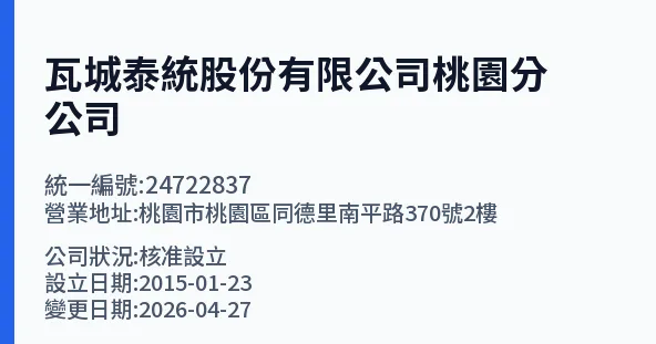 瓦城泰統股份有限公司桃園分公司的照片-統編 24722837(桃園市) 公司登記資料與營業項目詳細圖表