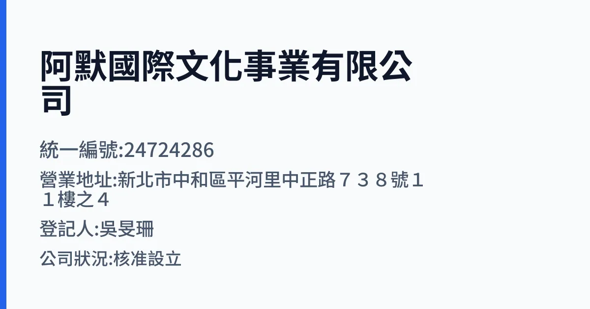 阿默國際文化事業有限公司 - 統編 24724286(新北市) 公司登記資料與營業項目詳細圖表