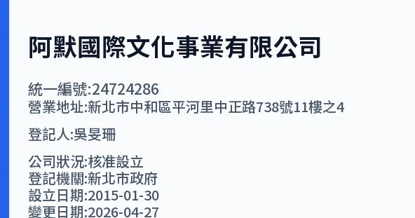 阿默國際文化事業有限公司的照片-統編 24724286(新北市) 公司登記資料與營業項目詳細圖表
