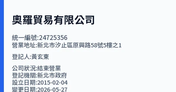 奧羅貿易有限公司的照片-統編 24725356(新北市) 公司登記資料與營業項目詳細圖表