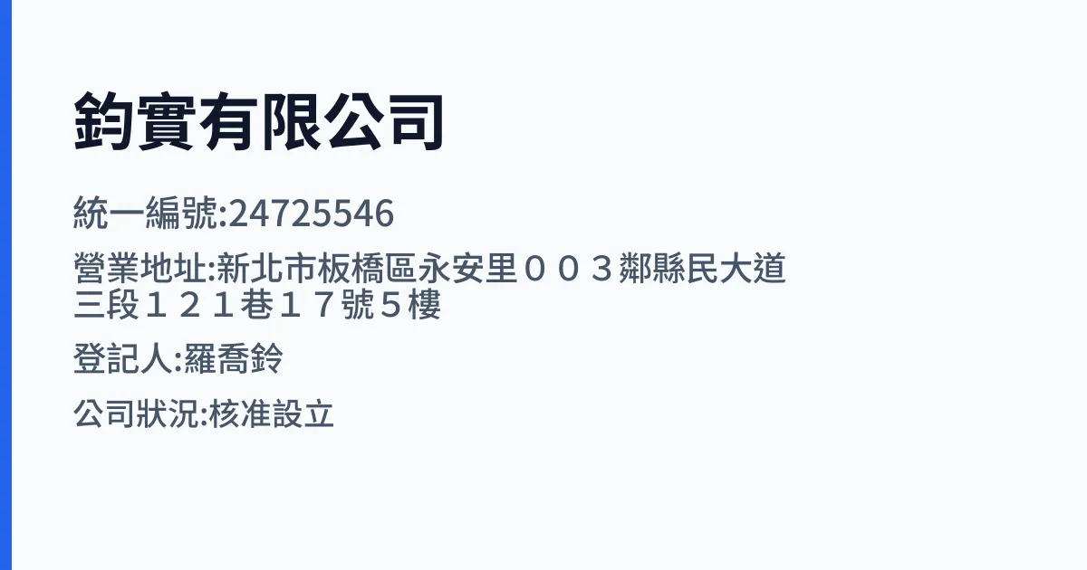 鈞實有限公司 - 統編 24725546(新北市) 公司登記資料與營業項目詳細圖表
