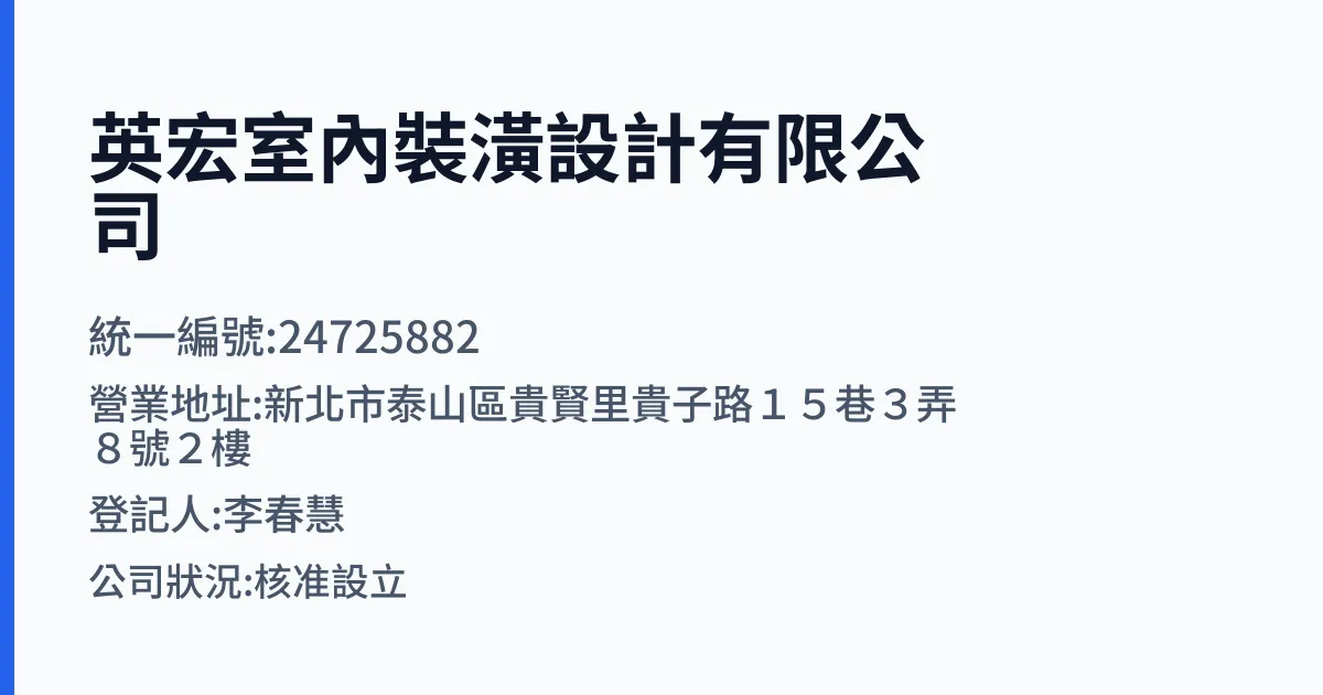 英宏室內裝潢設計有限公司 - 統編 24725882(新北市) 公司登記資料與營業項目詳細圖表
