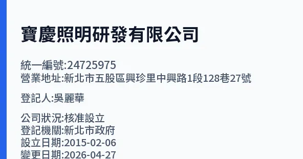 寶慶照明研發有限公司的照片-統編 24725975(新北市) 公司登記資料與營業項目詳細圖表
