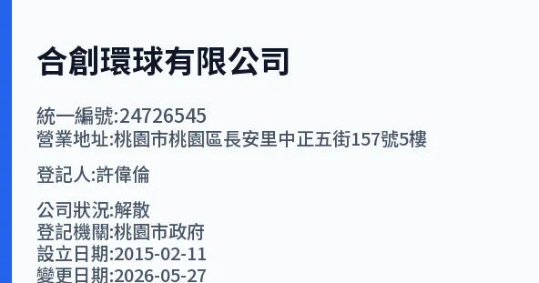 合創環球有限公司的照片-統編 24726545(桃園市) 公司登記資料與營業項目詳細圖表