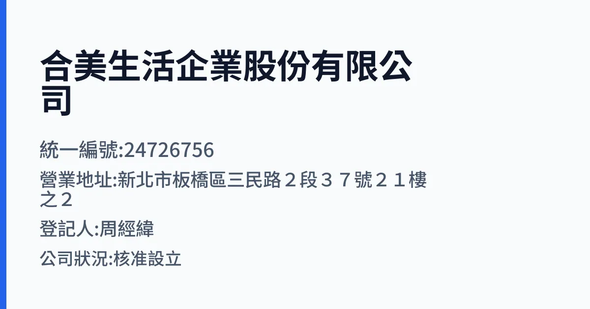 合美生活企業股份有限公司 - 統編 24726756(新北市) 公司登記資料與營業項目詳細圖表