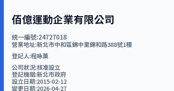 佰億運動企業有限公司的照片-統編 24727018(新北市) 公司登記資料與營業項目詳細圖表