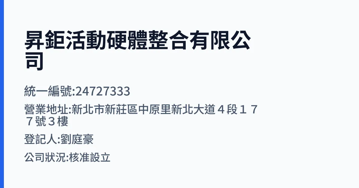 昇鉅活動硬體整合有限公司 - 統編 24727333(新北市) 公司登記資料與營業項目詳細圖表