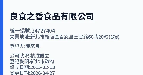 良食之香食品有限公司的照片-統編 24727404(新北市) 公司登記資料與營業項目詳細圖表