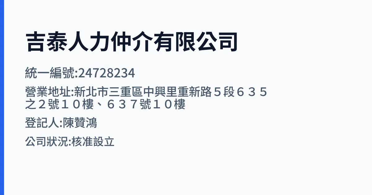 吉泰人力仲介有限公司 - 統編 24728234(新北市) 公司登記資料與營業項目詳細圖表