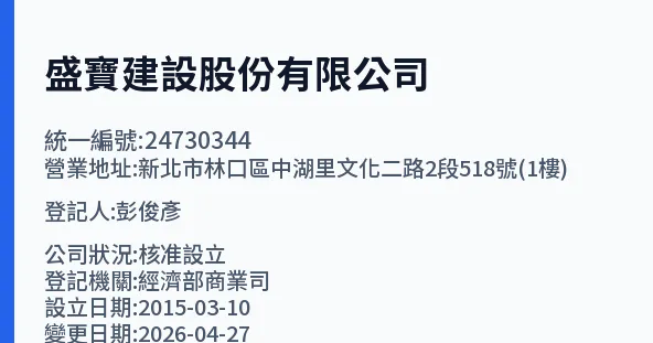 盛寶建設股份有限公司的照片-統編 24730344(新北市) 公司登記資料與營業項目詳細圖表