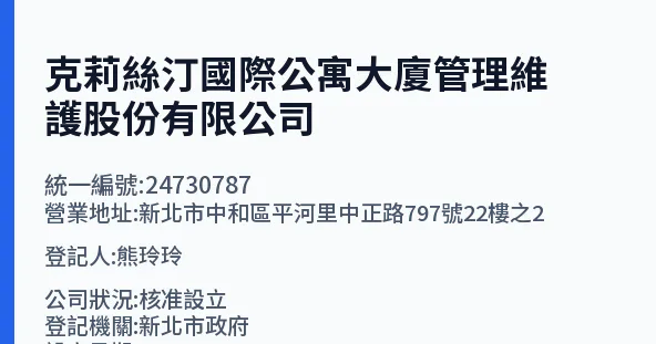 克莉絲汀國際公寓大廈管理維護股份有限公司的照片-統編 24730787(新北市) 公司登記資料與營業項目詳細圖表