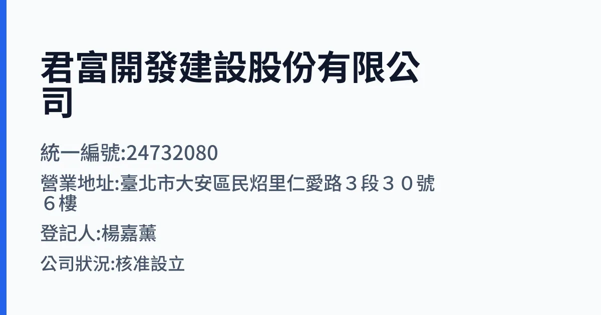 君富開發建設股份有限公司 - 統編 24732080(臺北市) 公司登記資料與營業項目詳細圖表