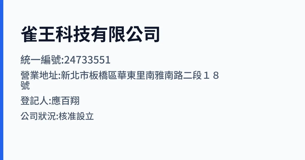 雀王科技有限公司 - 統編 24733551(新北市) 公司登記資料與營業項目詳細圖表