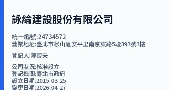 詠綸建設股份有限公司的照片-統編 24734572(臺北市) 公司登記資料與營業項目詳細圖表