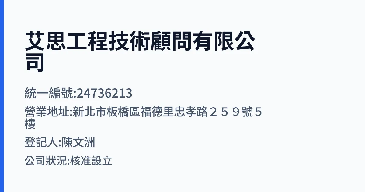 艾思工程技術顧問有限公司 - 統編 24736213(新北市) 公司登記資料與營業項目詳細圖表