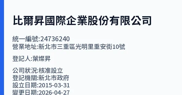 比爾昇國際企業股份有限公司的照片-統編 24736240(新北市) 公司登記資料與營業項目詳細圖表