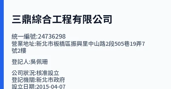 三鼎綜合工程有限公司的照片-統編 24736298(新北市) 公司登記資料與營業項目詳細圖表