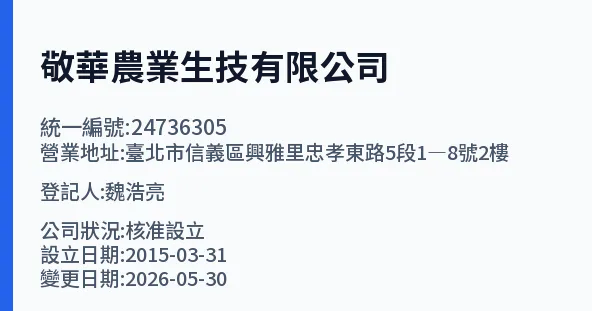 敬華農業生技有限公司的照片-統編 24736305(臺北市) 公司登記資料與營業項目詳細圖表
