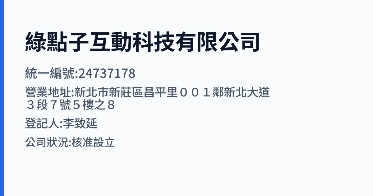綠點子互動科技有限公司 - 統編 24737178(新北市) 公司登記資料與營業項目詳細圖表