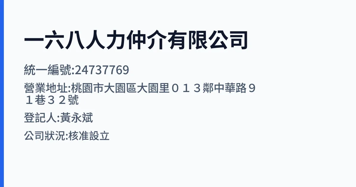 一六八人力仲介有限公司 - 統編 24737769(新北市) 公司登記資料與營業項目詳細圖表
