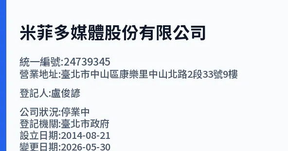 米菲多媒體股份有限公司的照片-統編 24739345(臺北市) 公司登記資料與營業項目詳細圖表