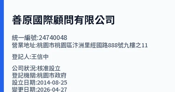 善原國際顧問有限公司的照片-統編 24740048(桃園市) 公司登記資料與營業項目詳細圖表