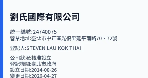 劉氏國際有限公司的照片-統編 24740075(臺北市) 公司登記資料與營業項目詳細圖表