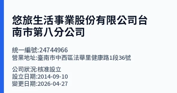 悠旅生活事業股份有限公司台南市第八分公司的照片-統編 24744966(臺南市) 公司登記資料與營業項目詳細圖表