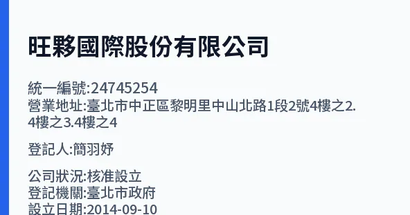 旺夥國際股份有限公司的照片-統編 24745254(臺北市) 公司登記資料與營業項目詳細圖表