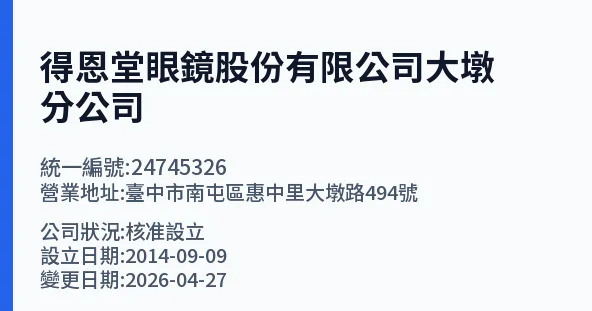 得恩堂眼鏡股份有限公司大墩分公司的照片-統編 24745326(臺中市) 公司登記資料與營業項目詳細圖表