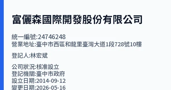 富儷森國際開發股份有限公司的照片-統編 24746248(臺中市) 公司登記資料與營業項目詳細圖表