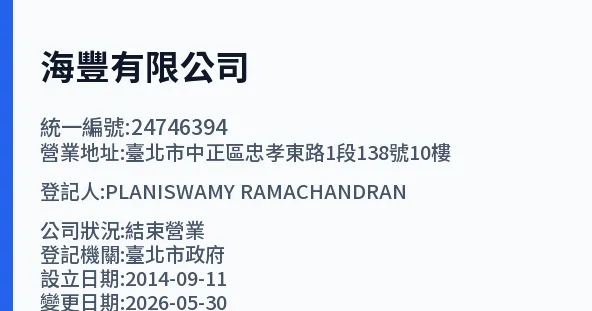 海豐有限公司的照片-統編 24746394(臺北市) 公司登記資料與營業項目詳細圖表