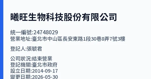曦旺生物科技股份有限公司的照片-統編 24748029(臺北市) 公司登記資料與營業項目詳細圖表