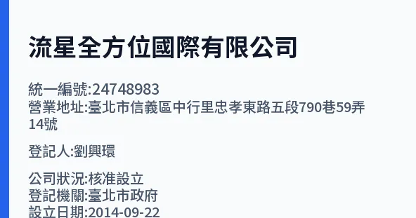 流星全方位國際有限公司的照片-統編 24748983(臺北市) 公司登記資料與營業項目詳細圖表